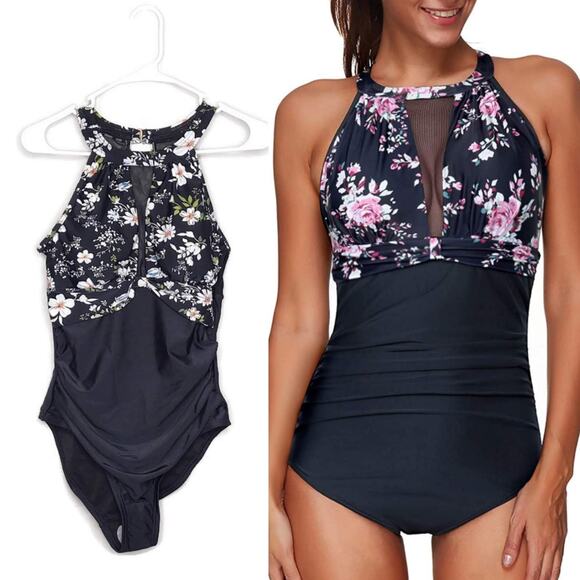 Holipick | Swim | Holipick One Piece Floral Mesh Halter Keyhole ...
